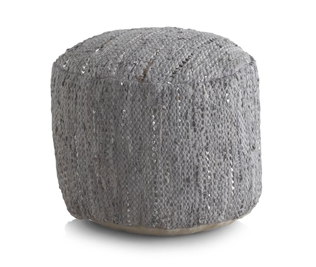 Pufe Redondo Cinza Couro E Algodão Diâmetro 45 Cm - Conforama