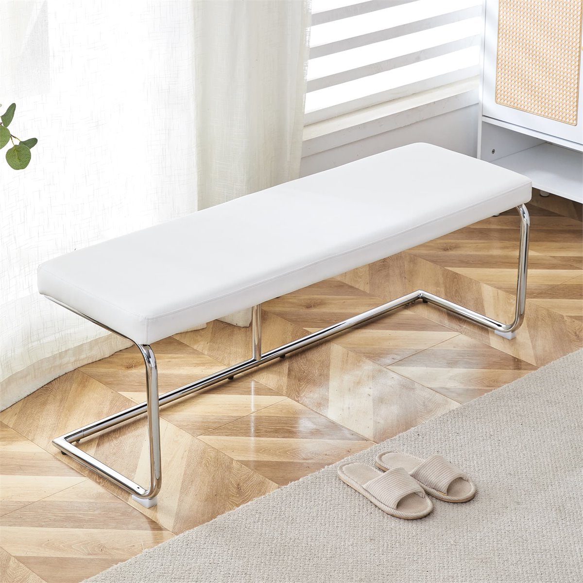 Banco de couro 130 cm - Moderno com estrutura cromada - Branco - Conforama