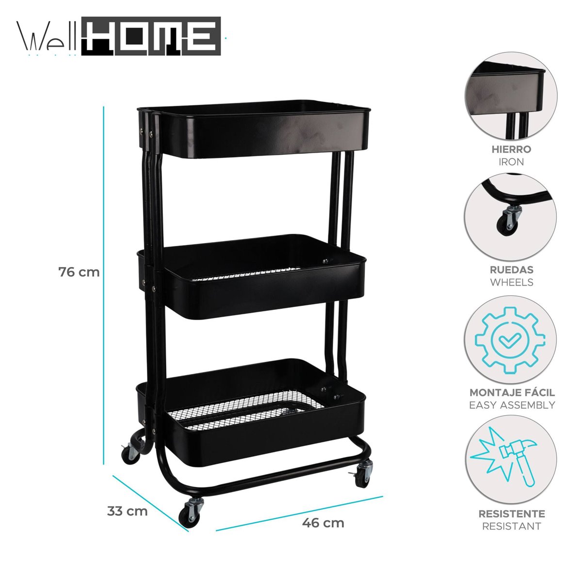 Carrinho de cozinha de ferro preto Well Home com rodas e 3 gavetas ...