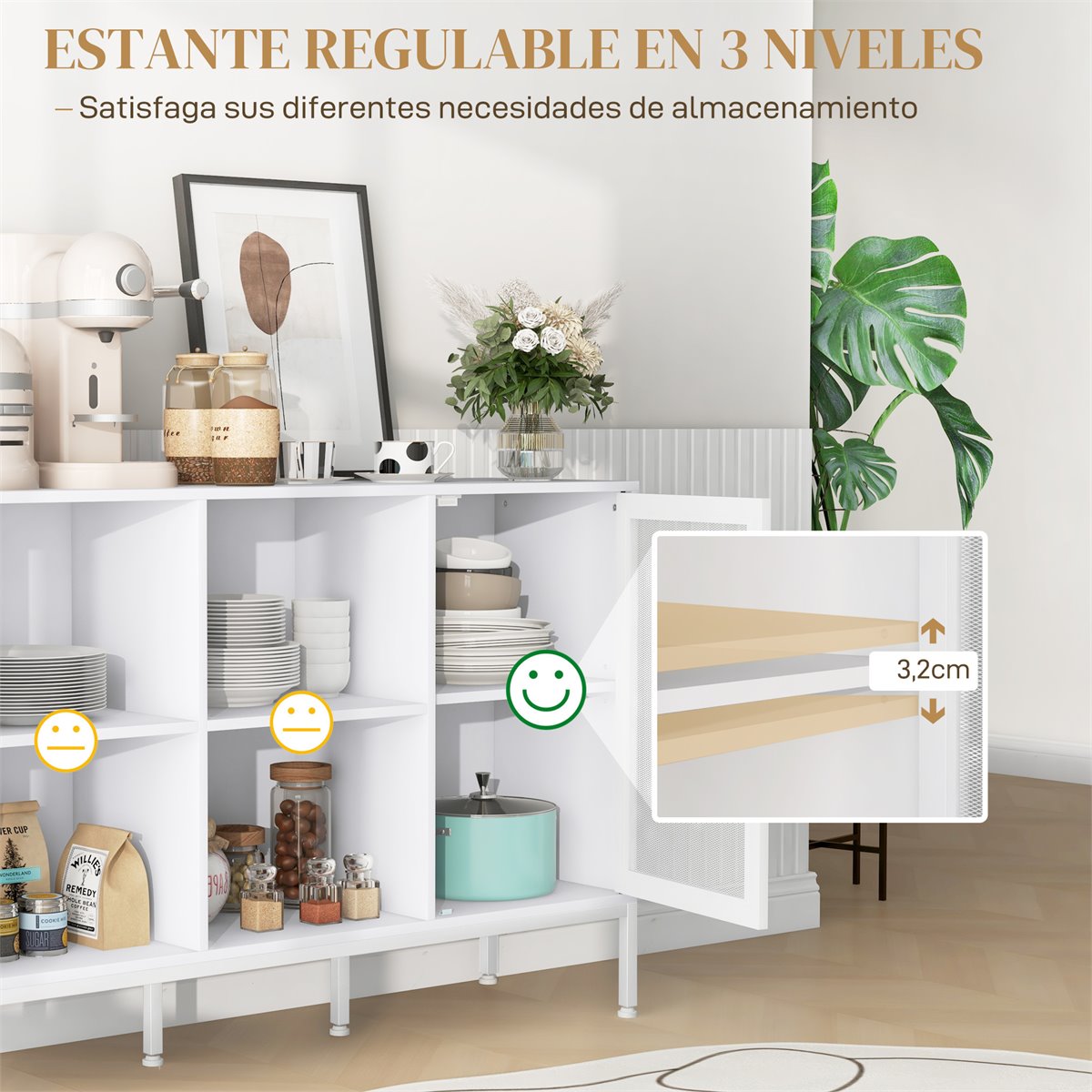 HOMCOM Aparador de Cozinha Moderno Móvel Auxiliar com Porta de Malha 4 Compartimentos Abertos e ...