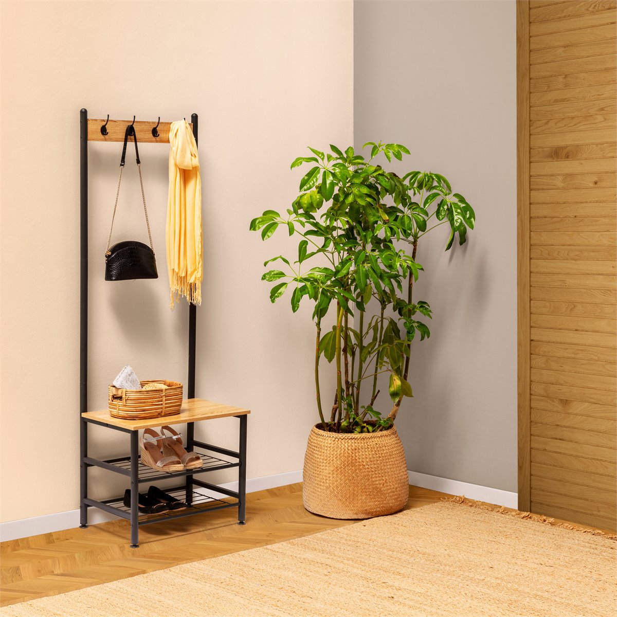 Bengaleiro Lisa com banco 2 prateleiras, cor carvalho/preto, 175 cm de ...