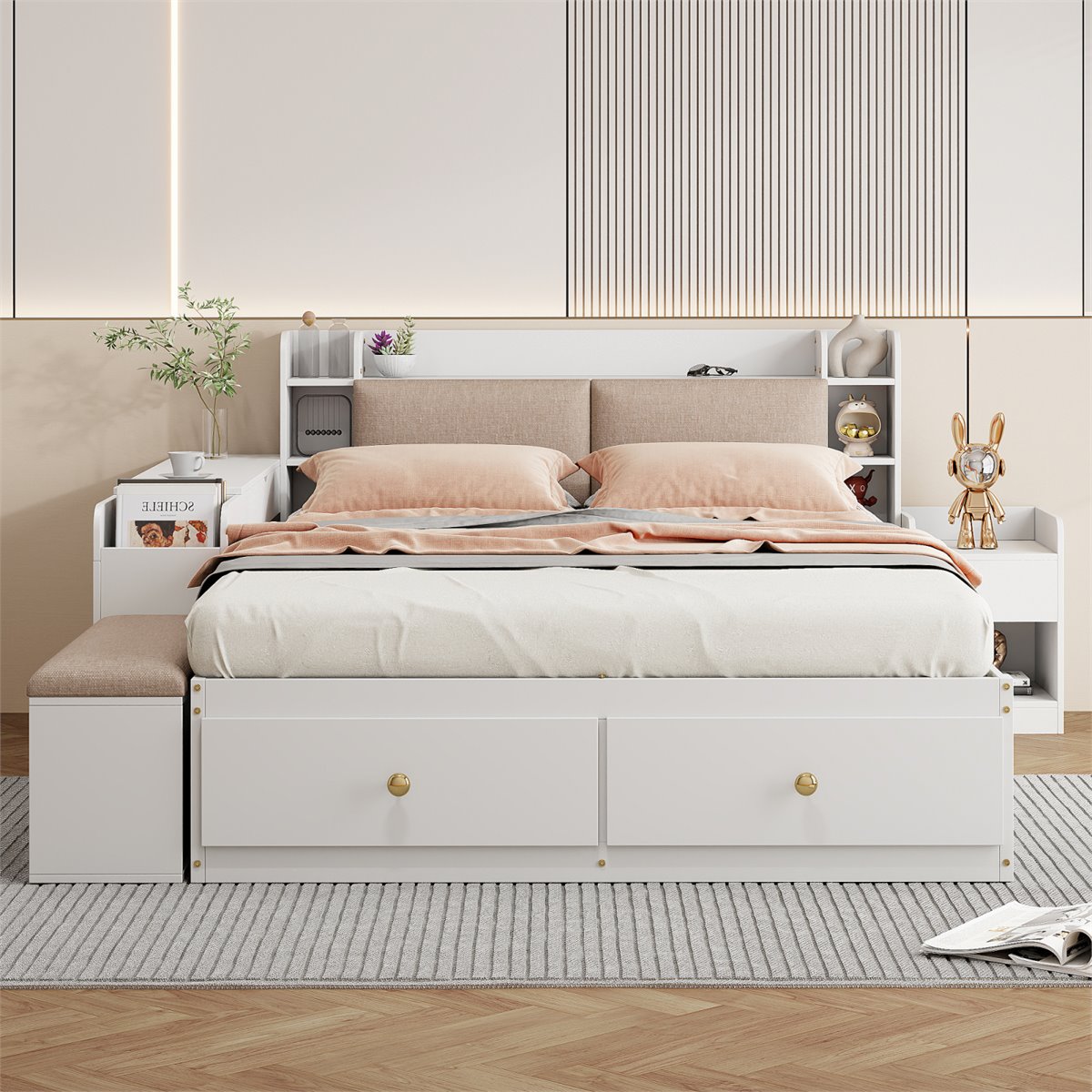 Cama combinada em madeira maciça - 140x200 cm - Cabeceira com arrumação ...