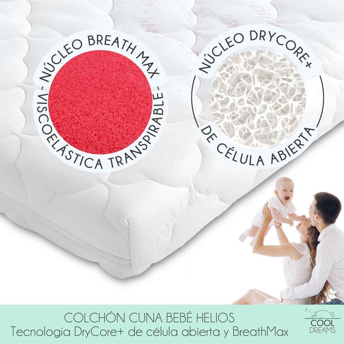 Colchão de bebé Helios Cuna 120x60 com tecnologia DryCore+ de célula aberta e BreathMax ...