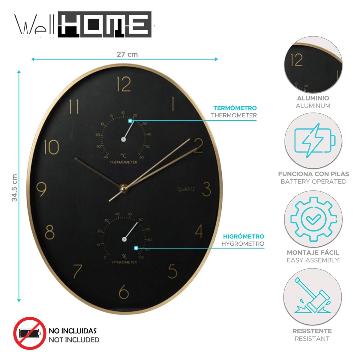 Relógio de parede moderno Well Home com termômetro e higrômetro - Conforama