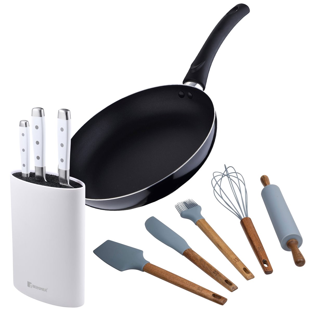 Conjunto de frigideira de alumínio prensado de 24x4,5cm + 3 facas (Chef ...