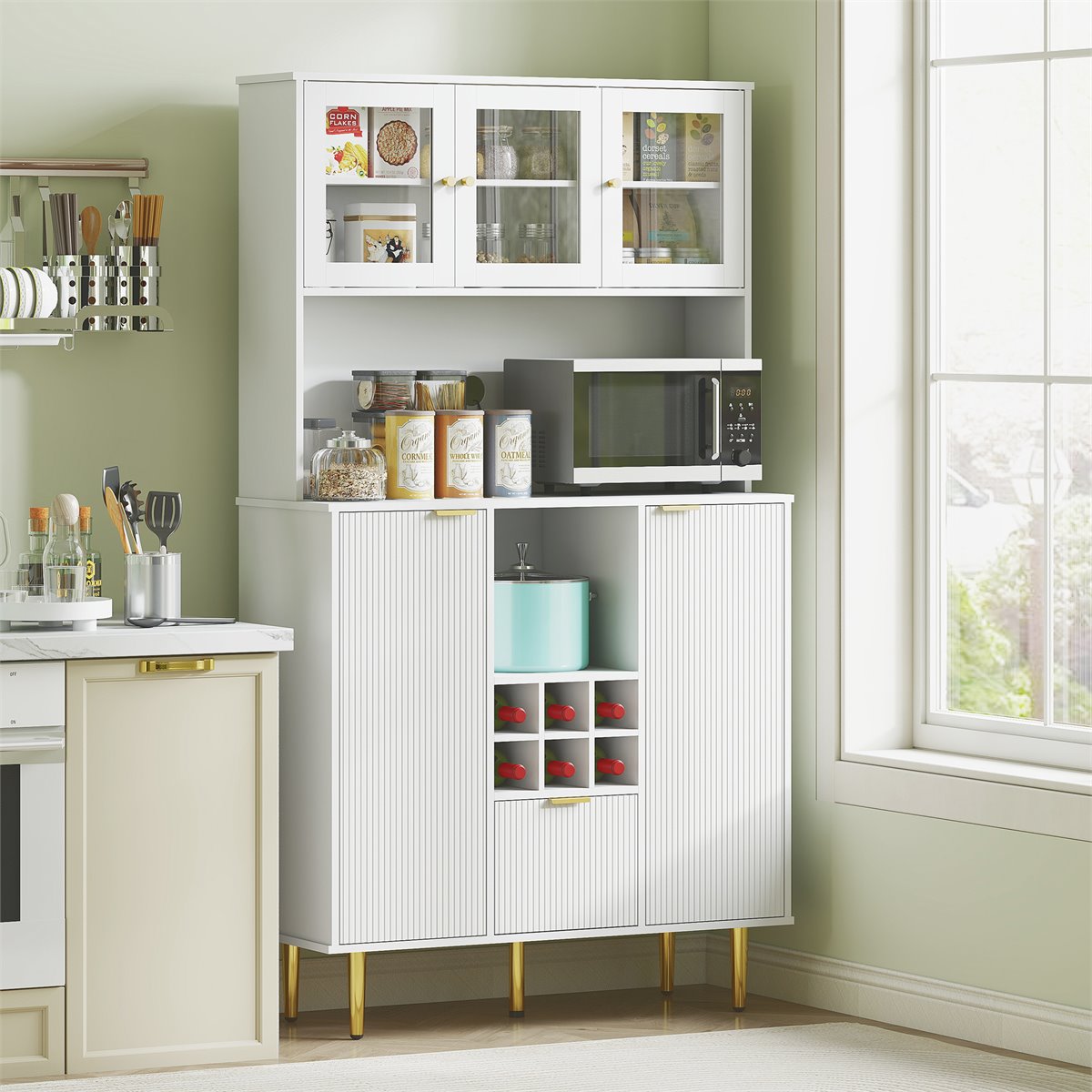 HOMCOM Armário de Cozinha Móvel Auxiliar de Cozinha Armário Alto com 3 Portas de Vidro Suporte ...