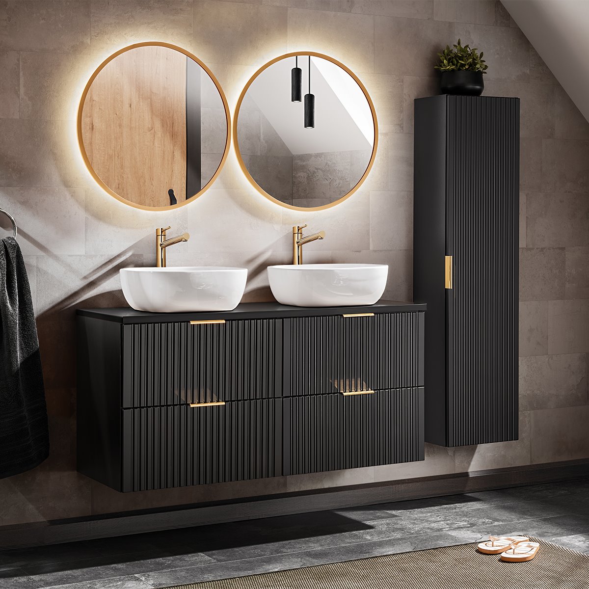 Móvel de lavatório duplo e pedestal de 120 cm Adriel Black - Conforama