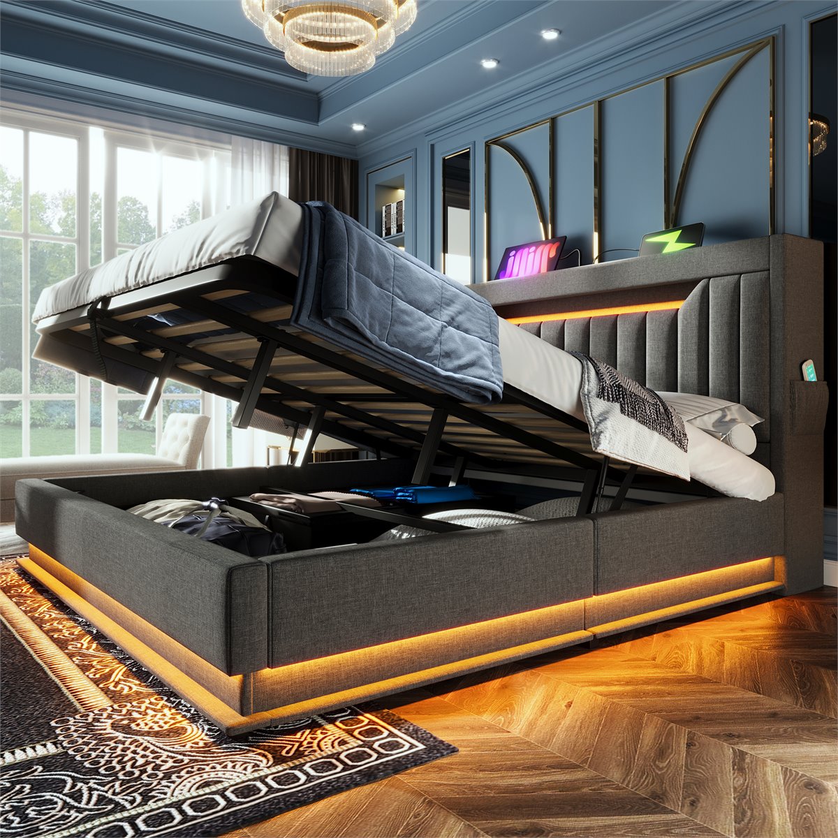 Cama estofada 160x200 cm - Cabeceira com arrumação, portas USB e Tipo-C ...