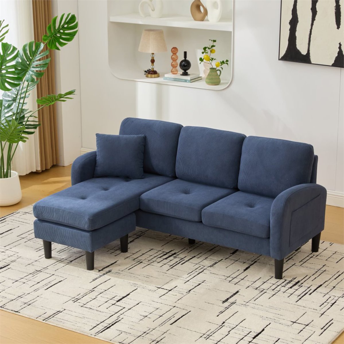 Sofá de canto de 3 lugares 166x118x77 cm - Chaise longue modular, tecido de veludo cotelê - Azul ...
