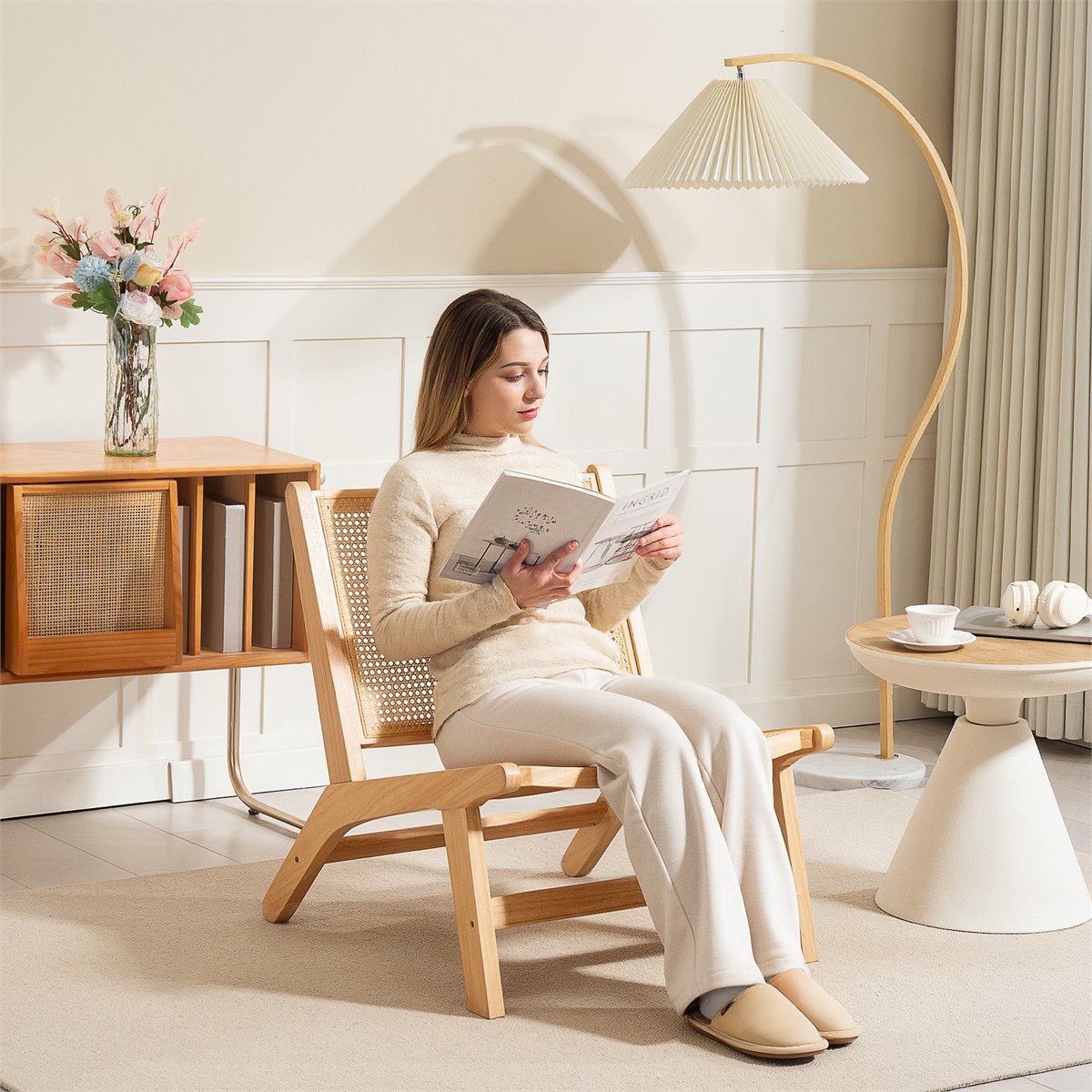 HOMCOM Cadeira para Sala de Estar Nórdica Poltrona com Encosto e Assento Amplo em Vime Estrutura ...