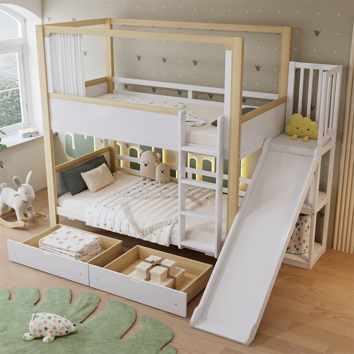 Beliche 90x200cm - Com duas gavetas com rodas, escorregador, cortina na ...