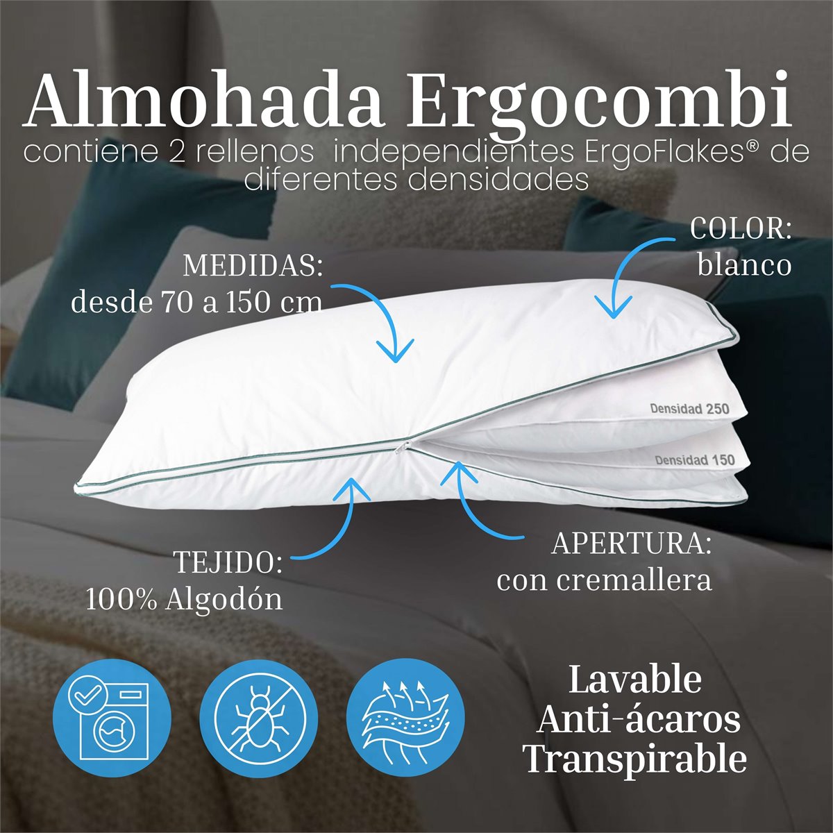 Travesseiro Ergocombi de 70 cm em algodão, firmeza ajustável, 2 camadas ...