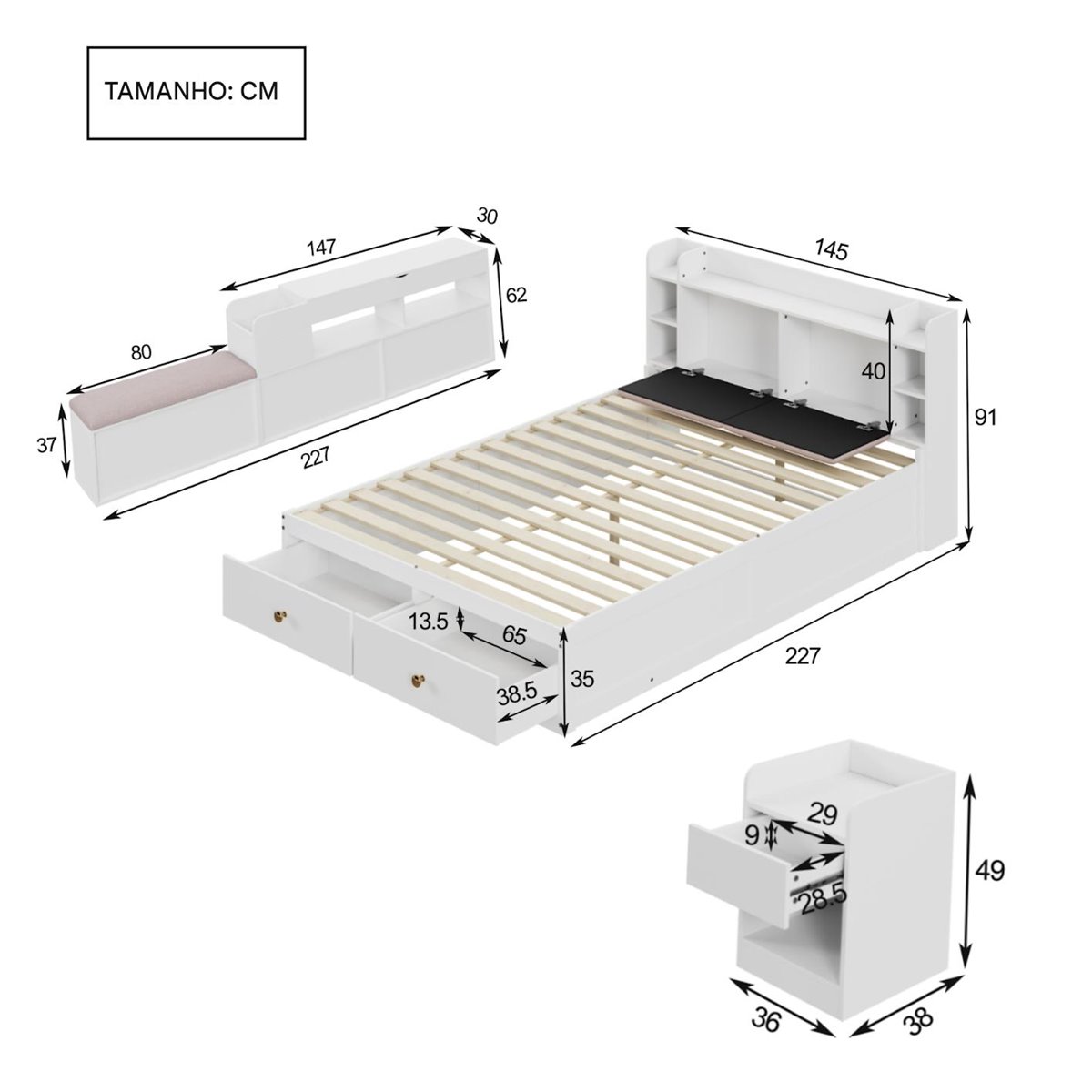 Cama combinada em madeira maciça - 140x200 cm - Cabeceira com arrumação ...