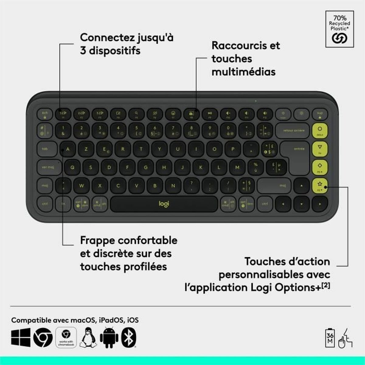 Teclado sem Fios Logitech Pop Icon Keys Cinzento escuro AZERTY - Conforama