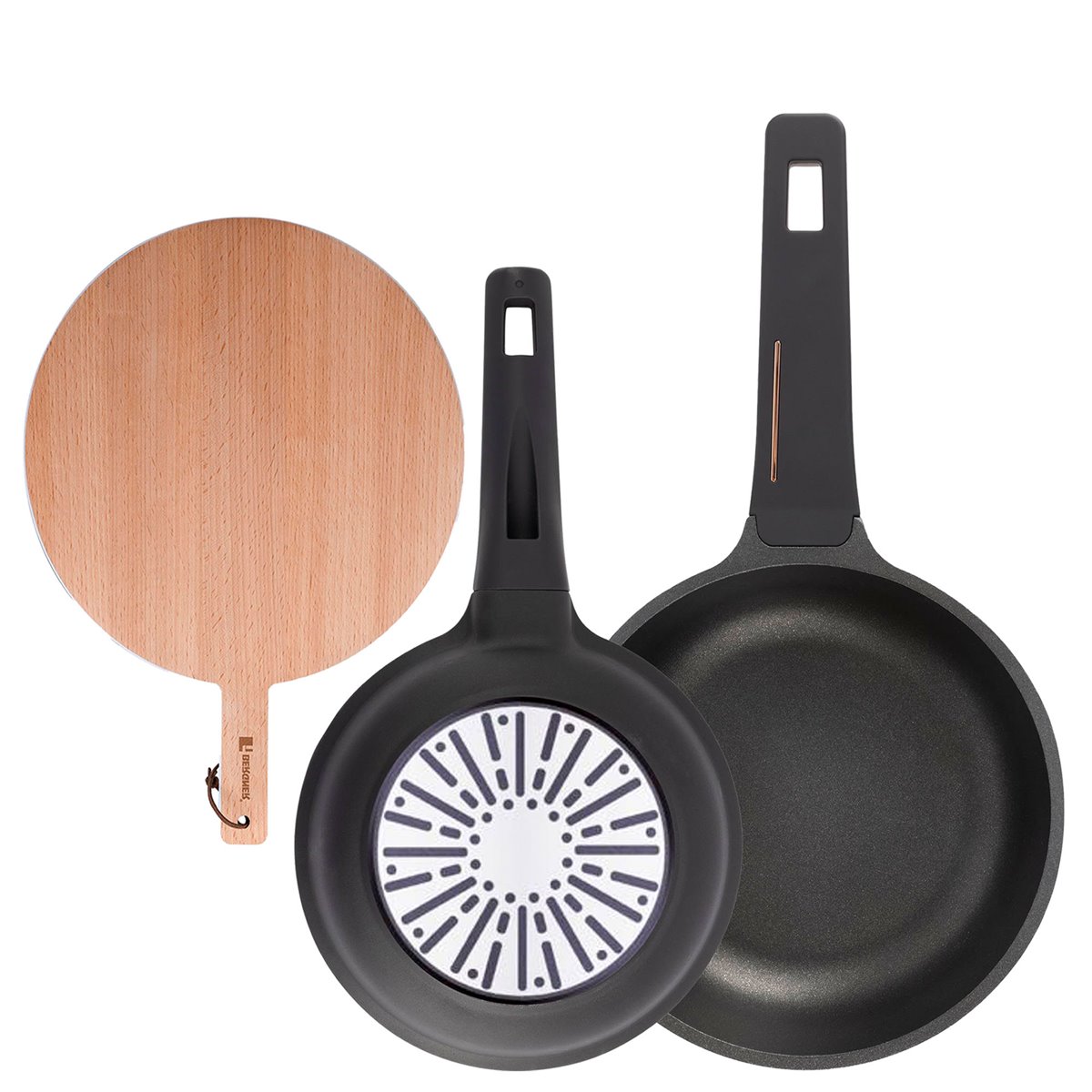 Frigideiras Copper de Ø20Ø24cm com sistema de indução e tábua de corte ...