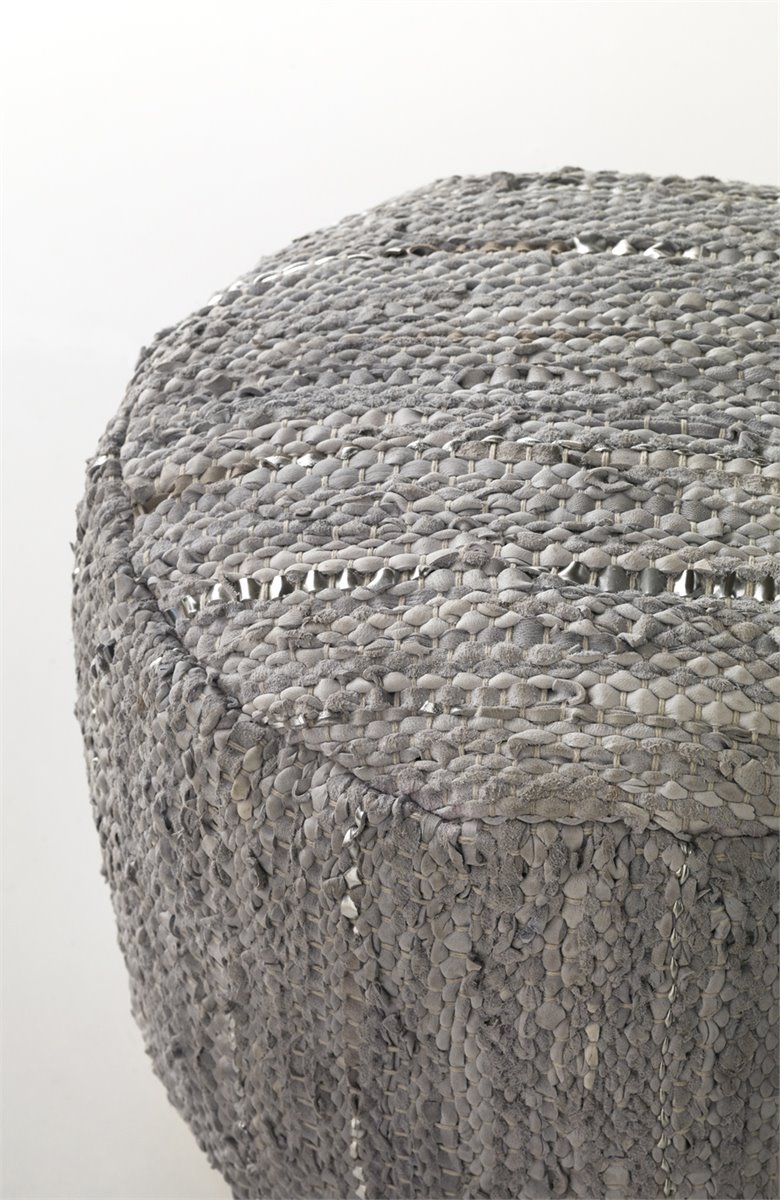 Pufe Redondo Cinza Couro E Algodão Diâmetro 45 Cm - Conforama