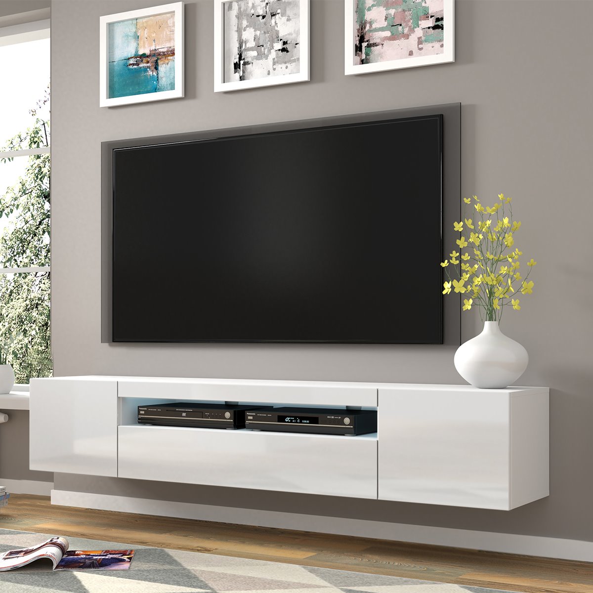 Móvel de parede Aurus White LED TV com 3 portas, 200 cm - Conforama