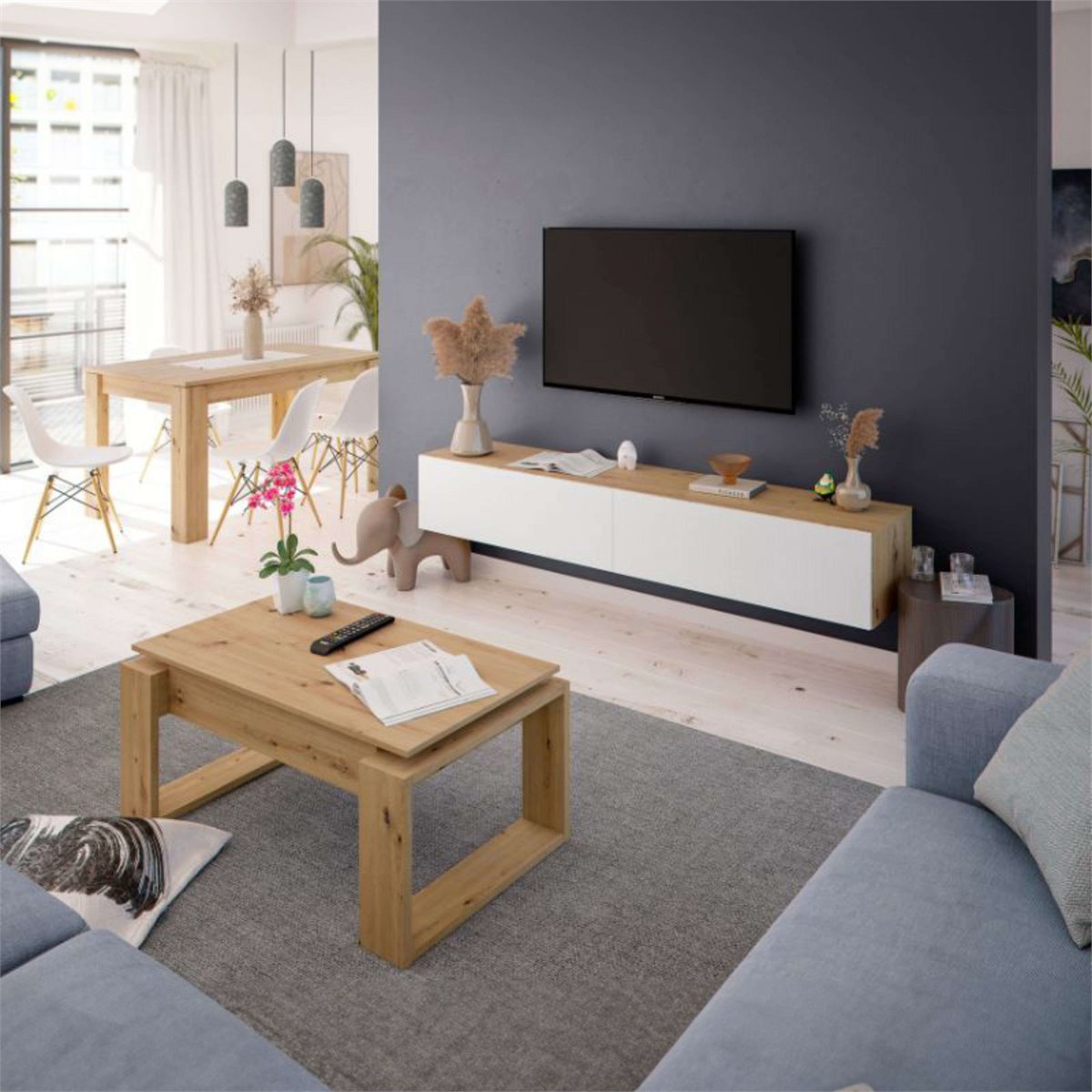 Pacote completo de móveis modernos para sala de estar Nodi Oak e White ...