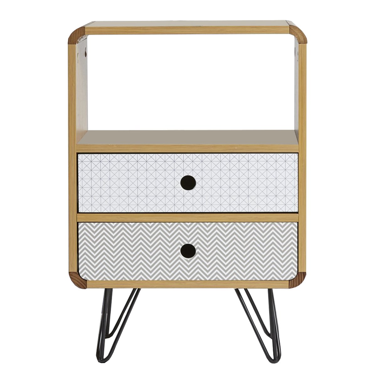 Mesa de cabeceira Buda 2 gavetas, cor de carvalho, pernas metálicas ...