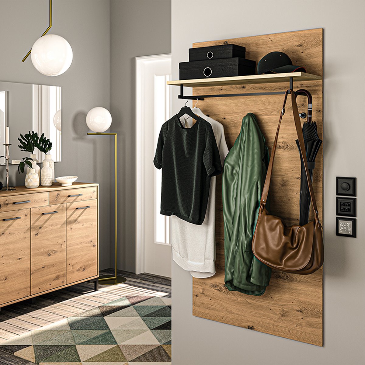 Bengaleiro de parede 3 ganchos 1 prateleira Liora Wood - Conforama