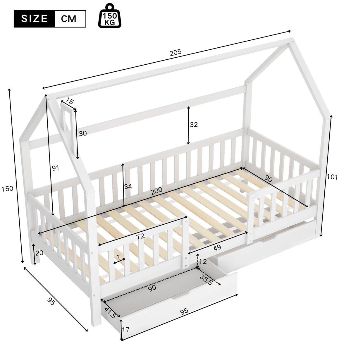 Cama-casa,cama de criança de madeira de pinho 90x200 cm,branco - Conforama